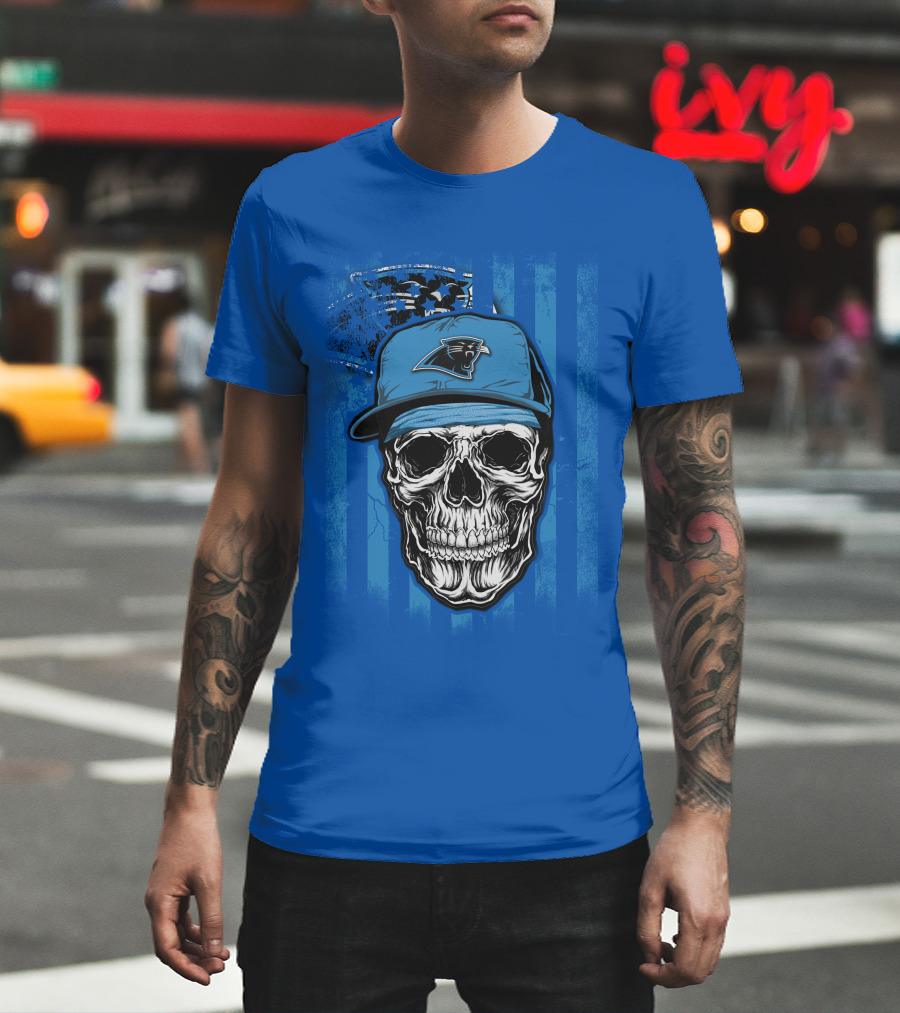 Skull With Carolina Panthers Cap And American Flag Elements T-Shirt