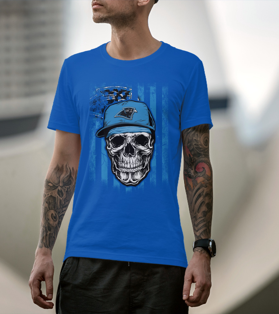 Skull With Carolina Panthers Cap And American Flag Elements T-Shirt