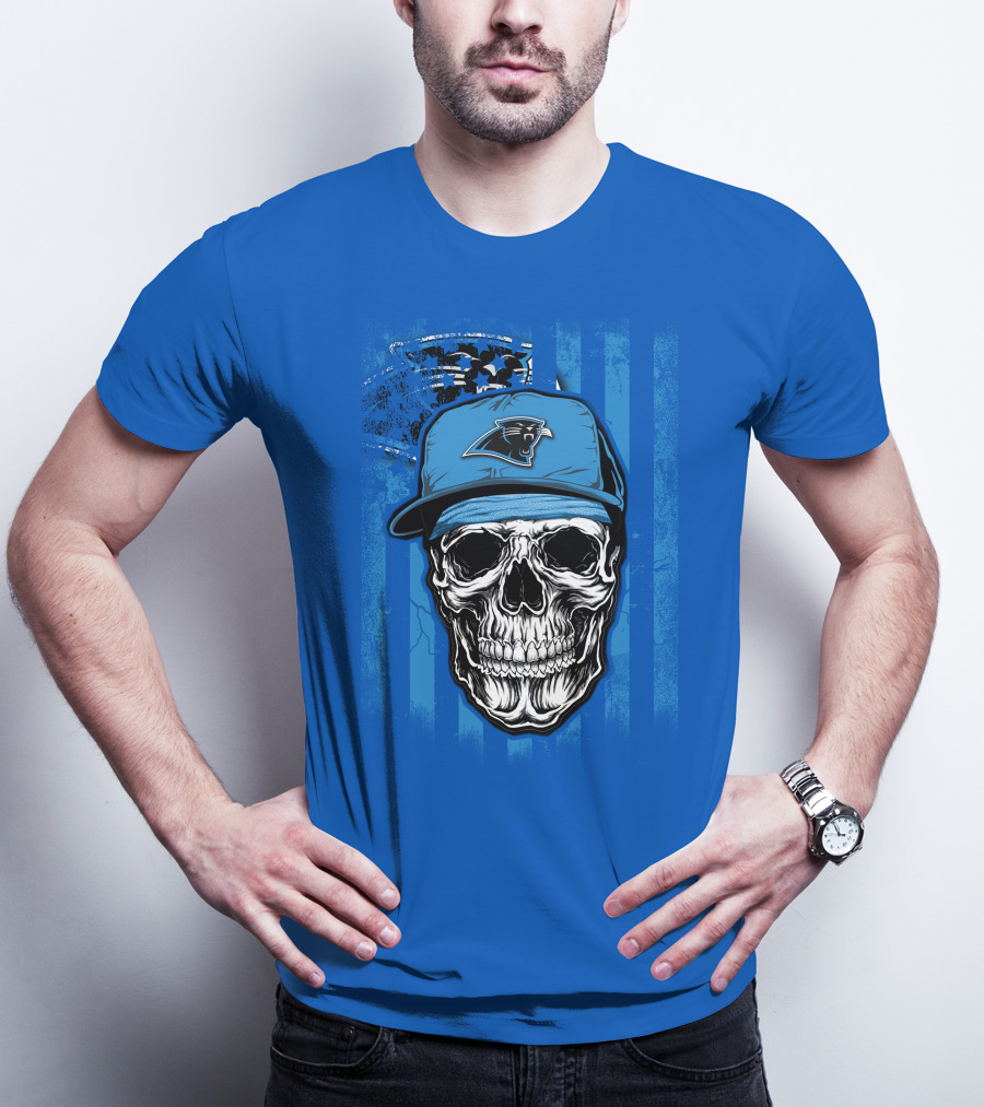 Skull With Carolina Panthers Cap And American Flag Elements T-Shirt