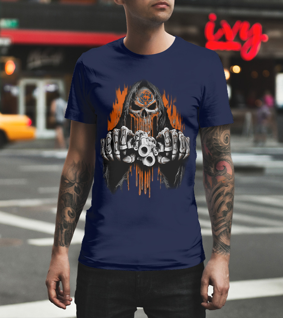 Chicago Bears Grim Reaper Skull With Orange Flames And Skull Knuckles T-Shirt
