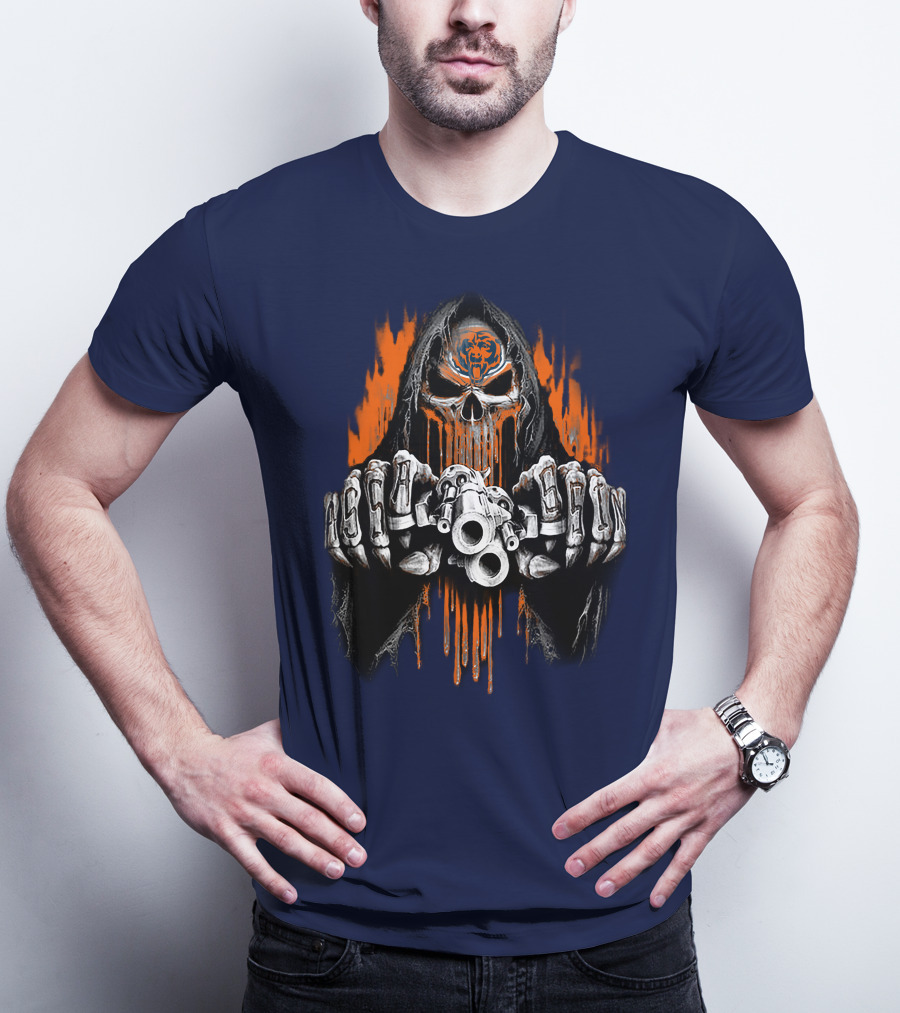 Chicago Bears Grim Reaper Skull With Orange Flames And Skull Knuckles T-Shirt