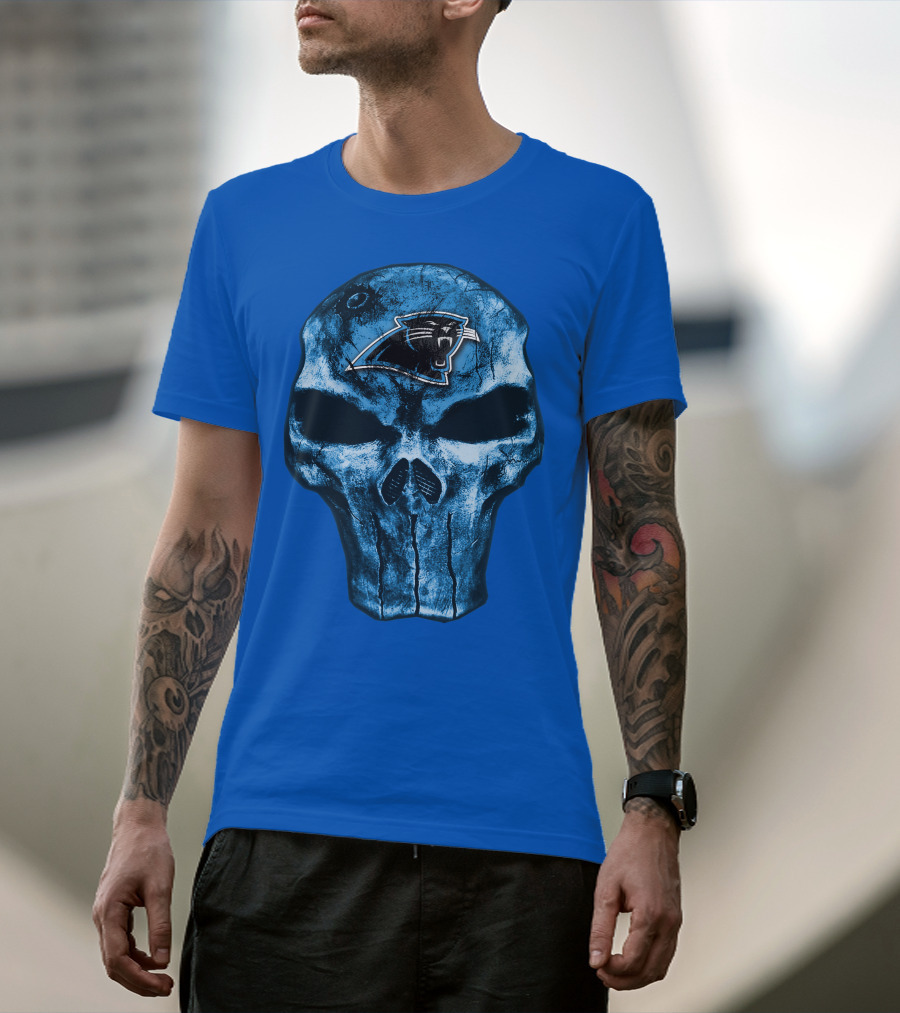 Skull With Carolina Panthers Emblem On Blue T-Shirt