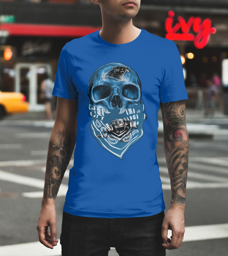 Carolina Panthers Skull Bandana Blue T-Shirt