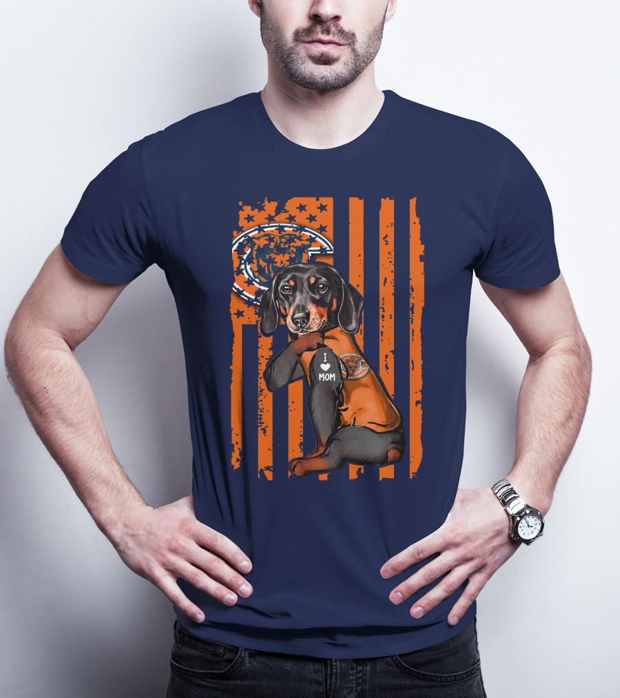 Dachshund I Love Mom Chicago Bears Fan Orange Flag T-Shirt