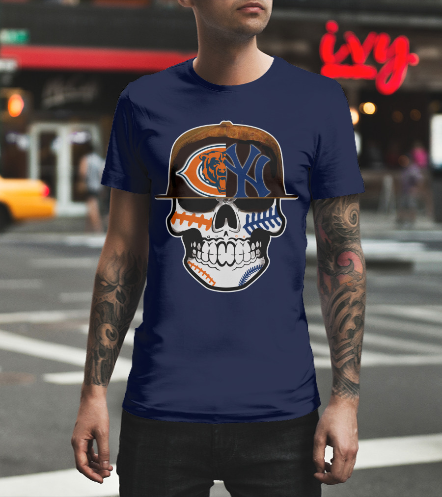 Chicago Bears Yankees Skull Football Baseball Fusion T-Shirt