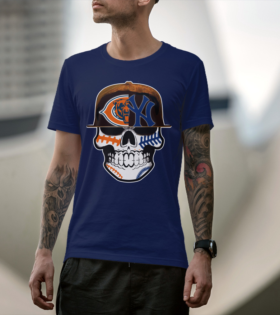 Chicago Bears Yankees Skull Football Baseball Fusion T-Shirt