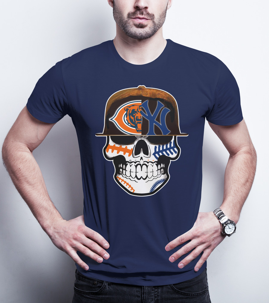 Chicago Bears Yankees Skull Football Baseball Fusion T-Shirt