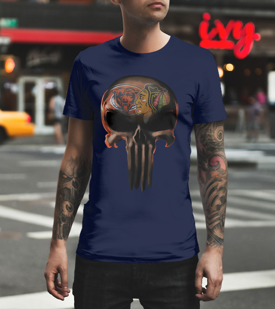 Chicago Bears 56 Skull Design With Nhl Blackhawks T-Shirt