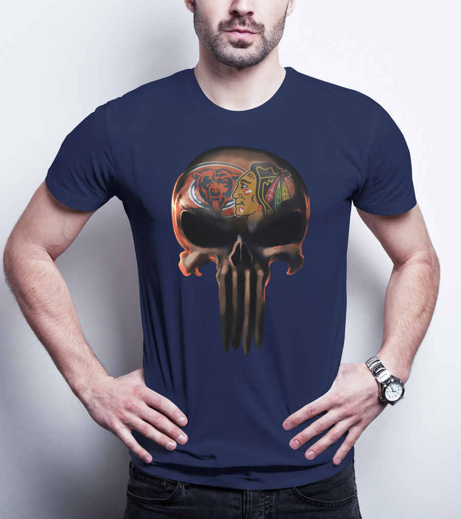 Chicago Bears 56 Skull Design With Nhl Blackhawks T-Shirt