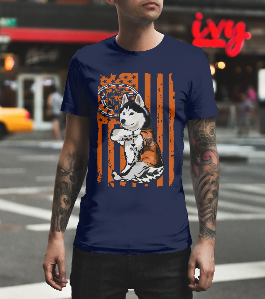 Siberian Husky Chicago Bears I Love Mom Flag T-Shirt