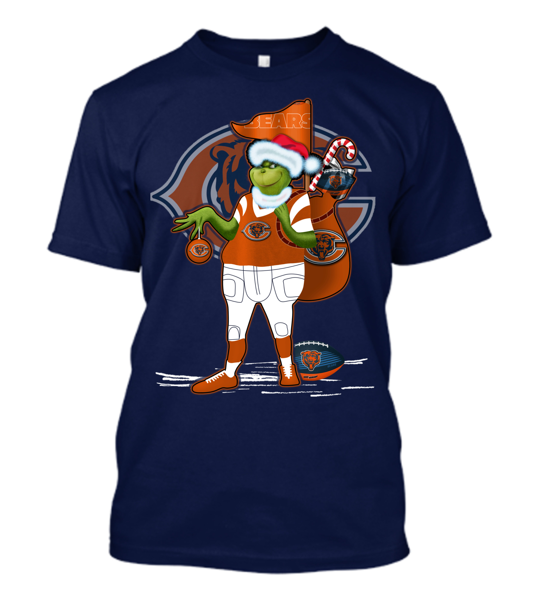 Grinchxmas Chicago Bears Holiday Football Fest With Bear In Santa Hat Holding Candy Cane And Ornament T-Shirt