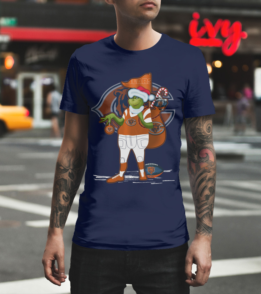 Grinchxmas Chicago Bears Holiday Football Fest With Bear In Santa Hat Holding Candy Cane And Ornament T-Shirt