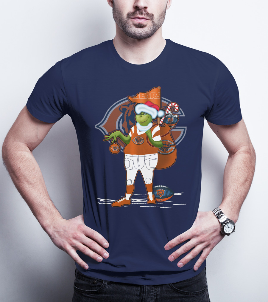 Grinchxmas Chicago Bears Holiday Football Fest With Bear In Santa Hat Holding Candy Cane And Ornament T-Shirt