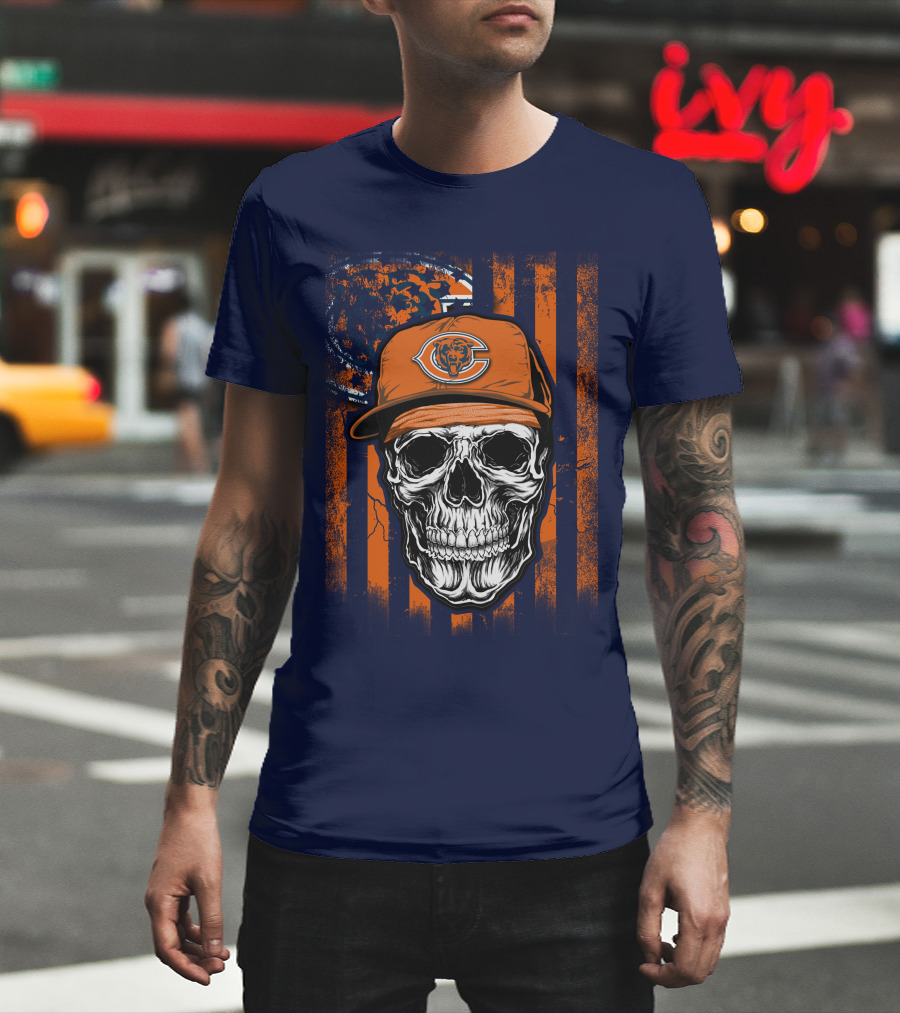 Skull V1 Chicago Bears Fan Skull Wearing Team Cap With Logo And Flag T-Shirt