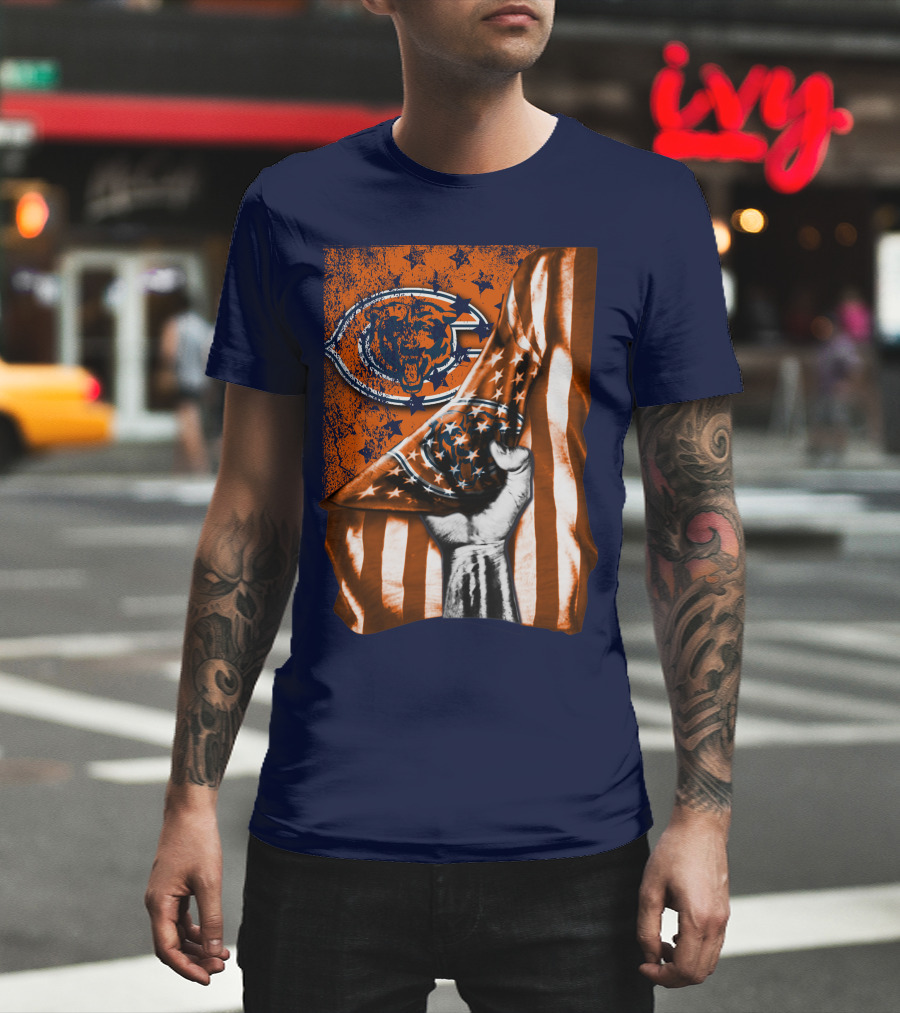 Hand Lifting American Flag Over CHICAGO BEARS T-Shirt