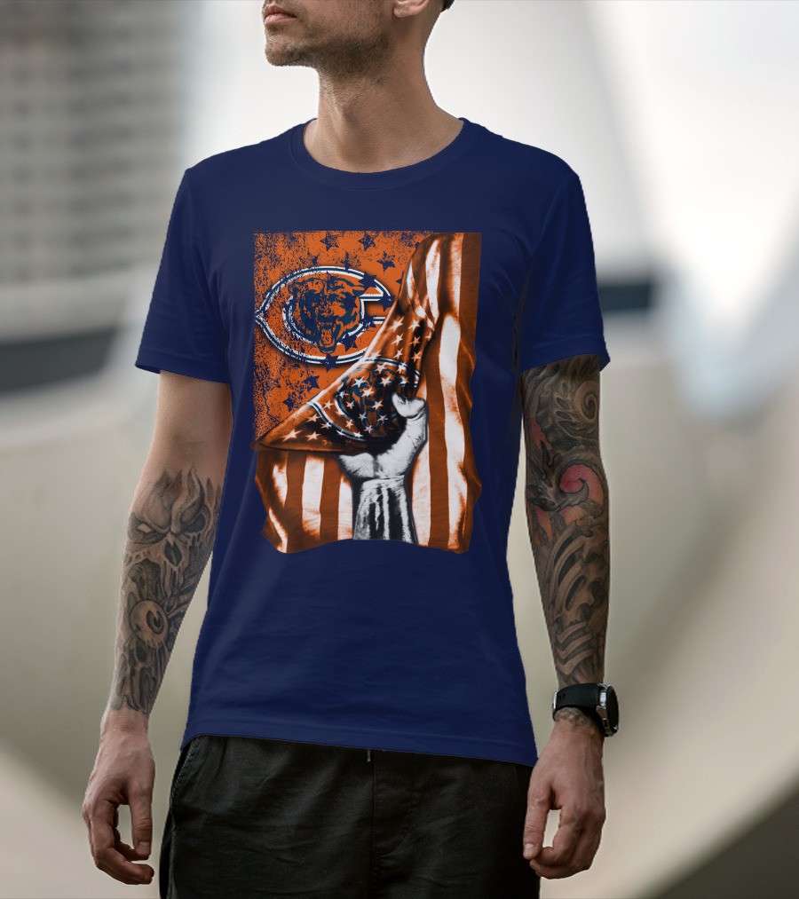 Hand Lifting American Flag Over CHICAGO BEARS T-Shirt