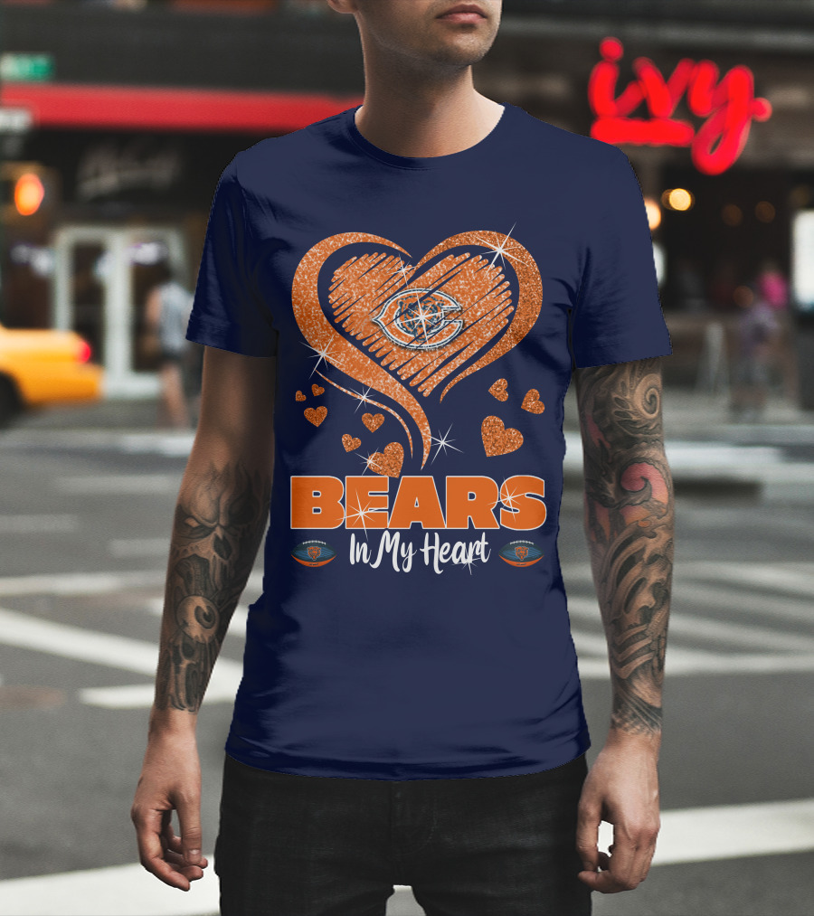 Bears In My Heart Chicago Bears Sparkling Hearts Navy Blue T-Shirt