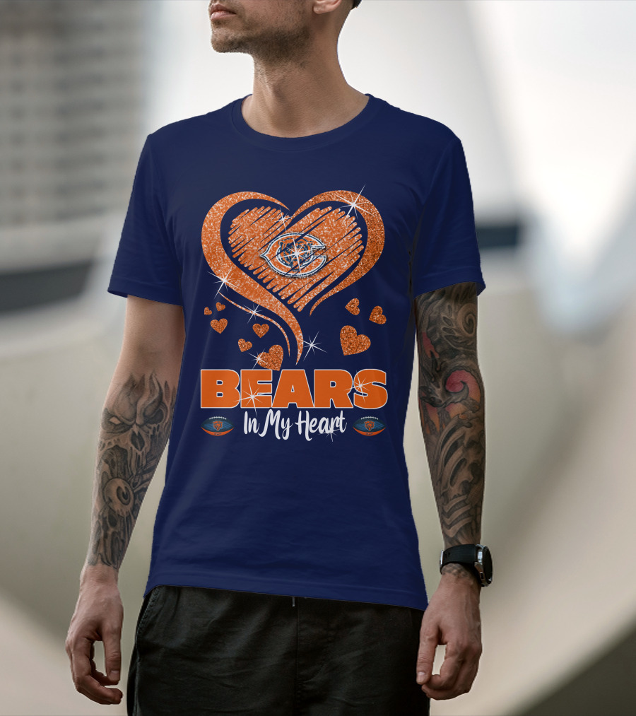 Bears In My Heart Chicago Bears Sparkling Hearts Navy Blue T-Shirt
