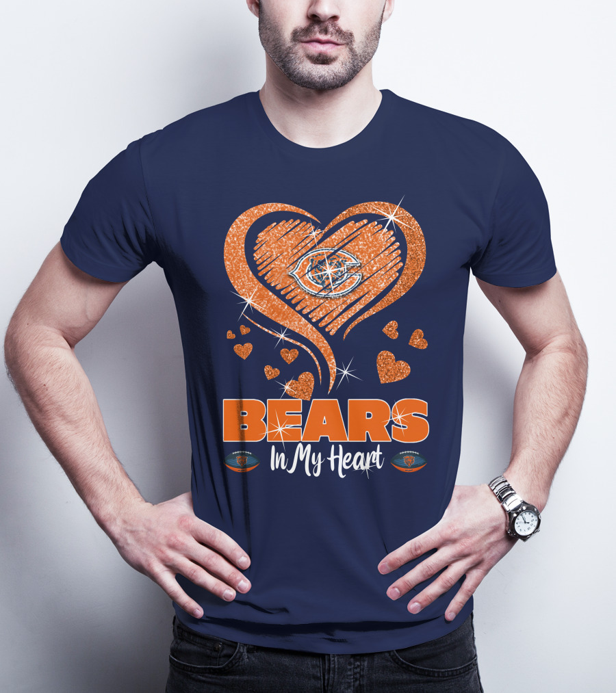 Bears In My Heart Chicago Bears Sparkling Hearts Navy Blue T-Shirt