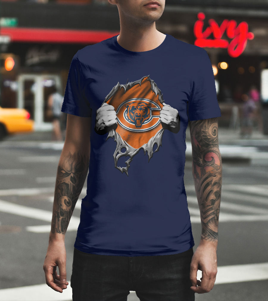 Torn Chicago Bears Emblem Revealed Through Ripped Fabric T-Shirt