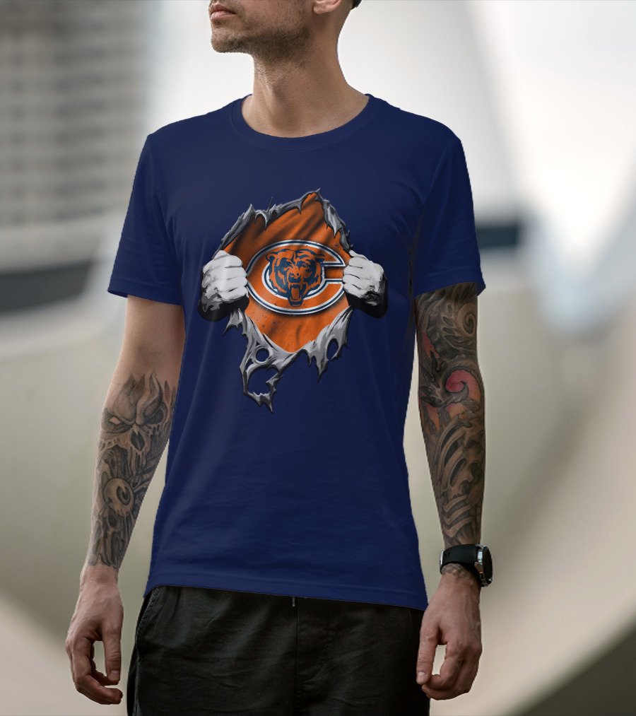 Torn Chicago Bears Emblem Revealed Through Ripped Fabric T-Shirt