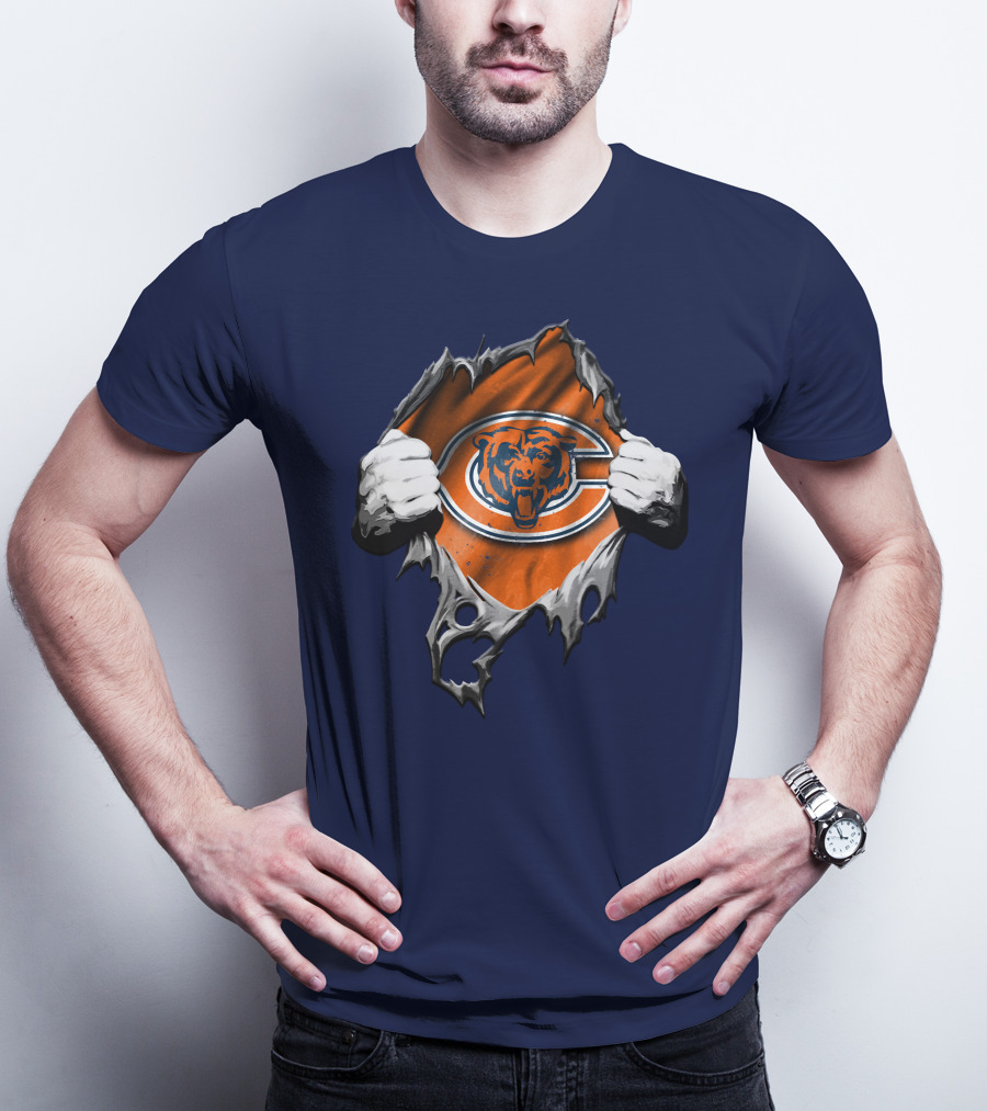 Torn Chicago Bears Emblem Revealed Through Ripped Fabric T-Shirt