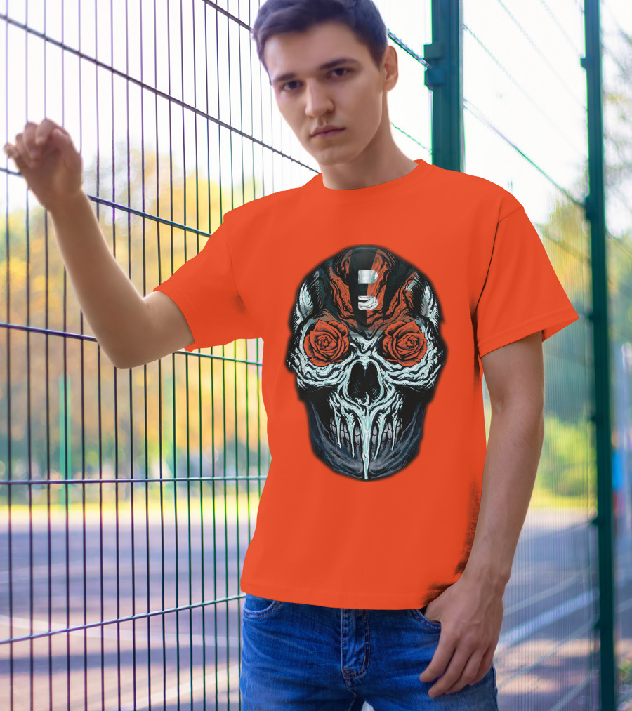 Cincinnati Bengals 34 Skull Helmet With Roses T-Shirt