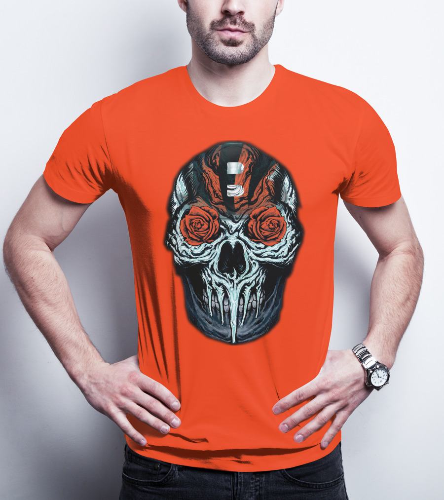 Cincinnati Bengals 34 Skull Helmet With Roses T-Shirt