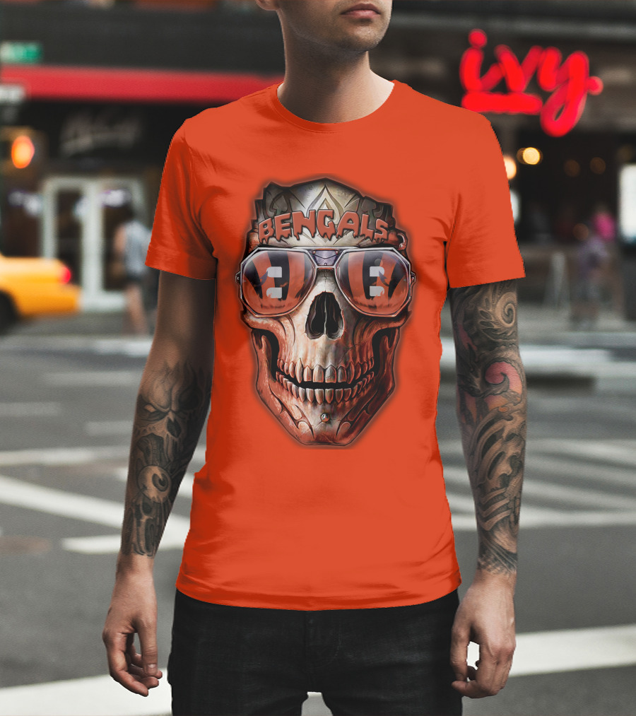 Bengals Skull Sunglasses 38 Orange T-Shirt
