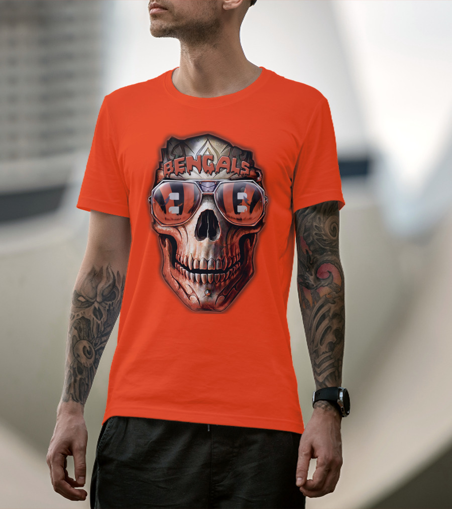 Bengals Skull Sunglasses 38 Orange T-Shirt