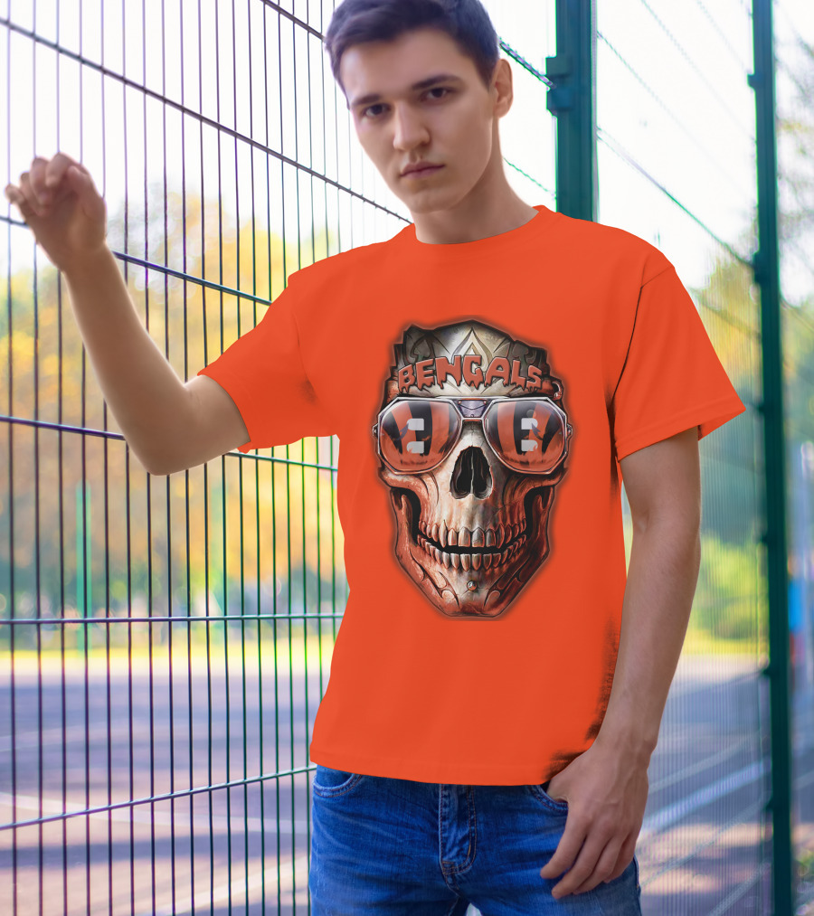 Bengals Skull Sunglasses 38 Orange T-Shirt