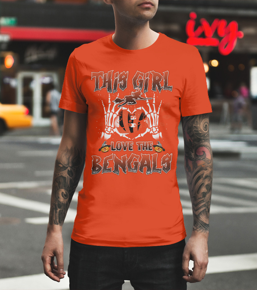 This Girl Love The Bengals Halloween Skeleton Hands And Pumpkins T-Shirt