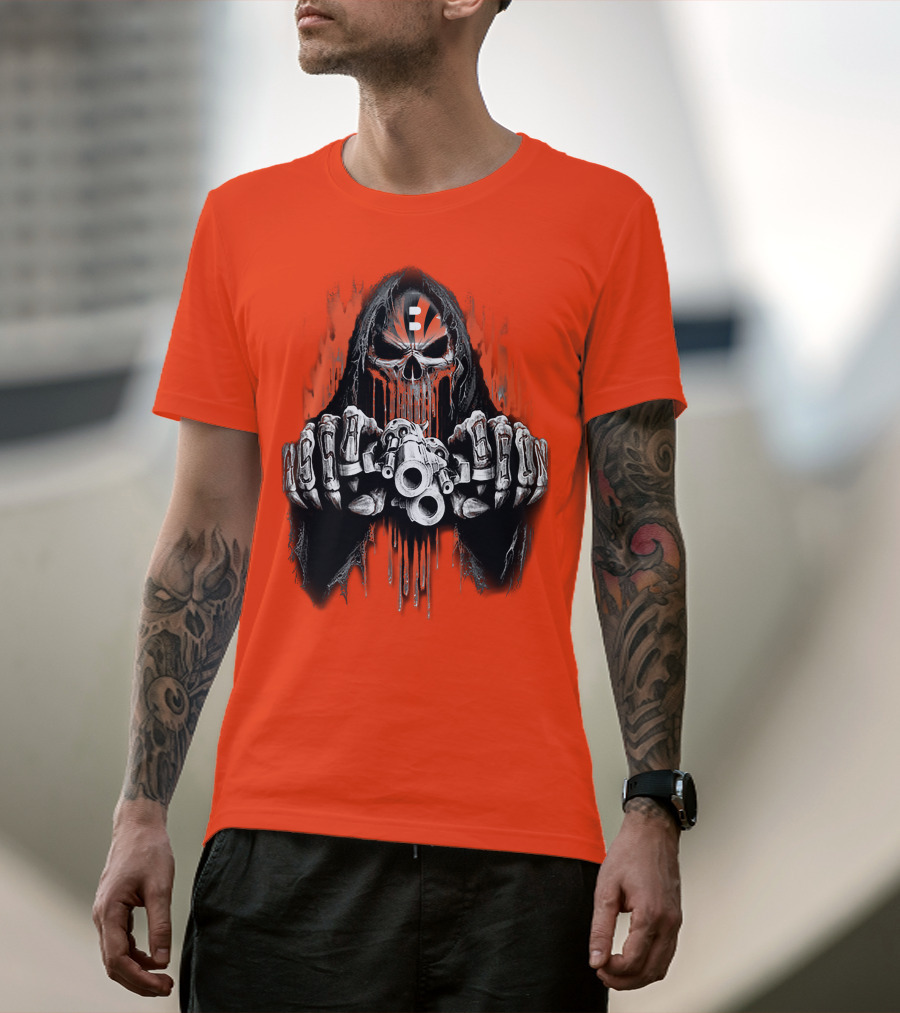 Cincinnati Bengals 41 Skeleton Skull With Guns T-Shirt