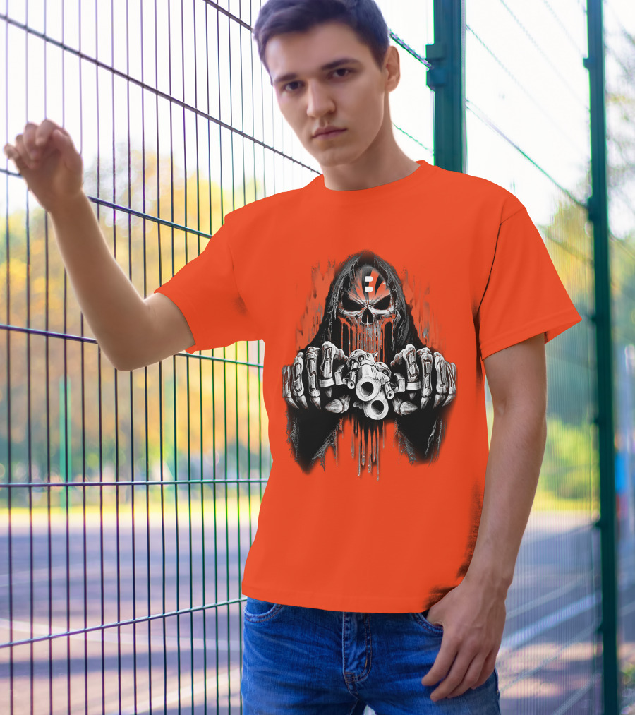 Cincinnati Bengals 41 Skeleton Skull With Guns T-Shirt