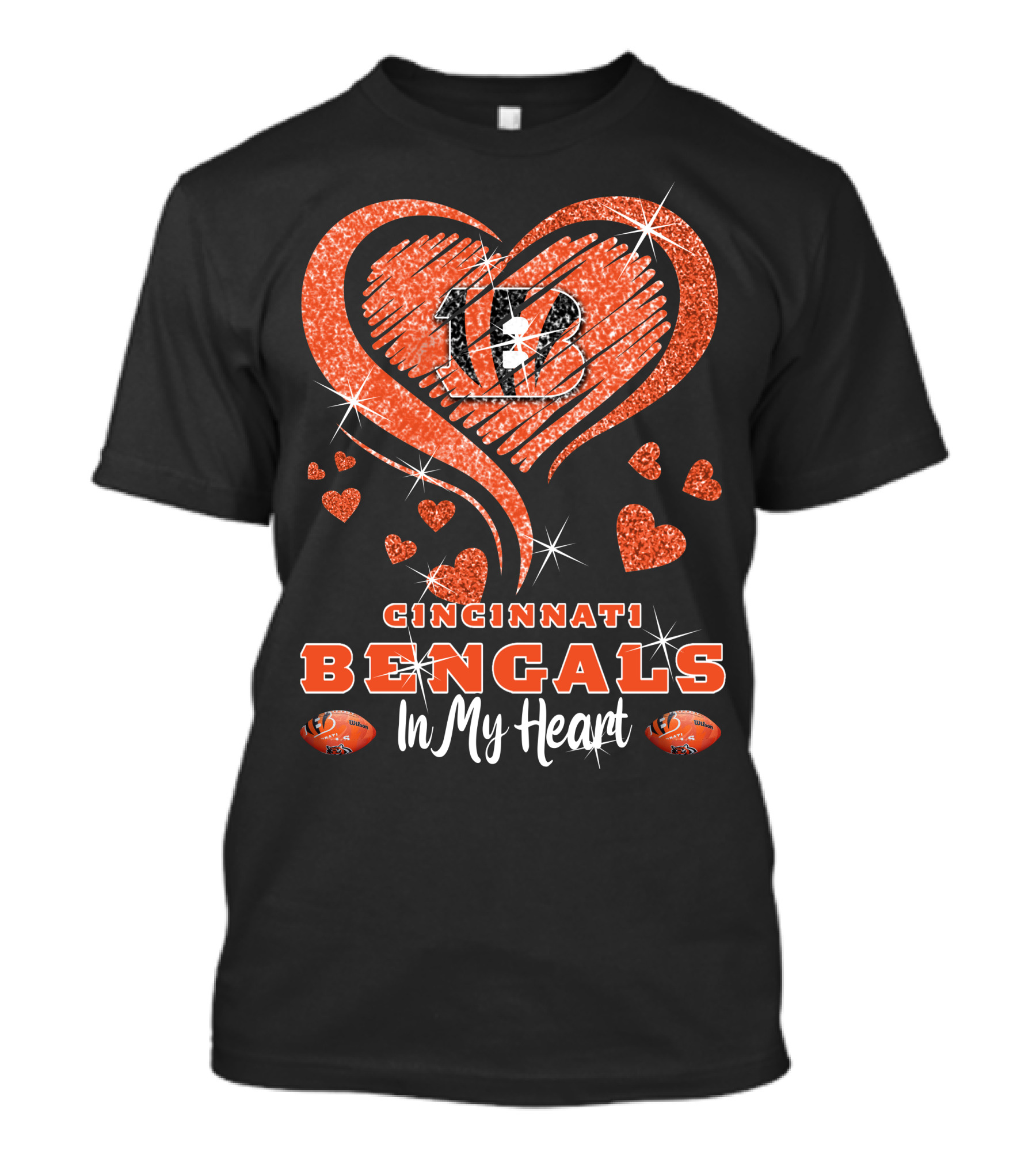 Cincinnati Bengals In My Heart Sparkling Heart Design With Glitter And Football Elements T-Shirt