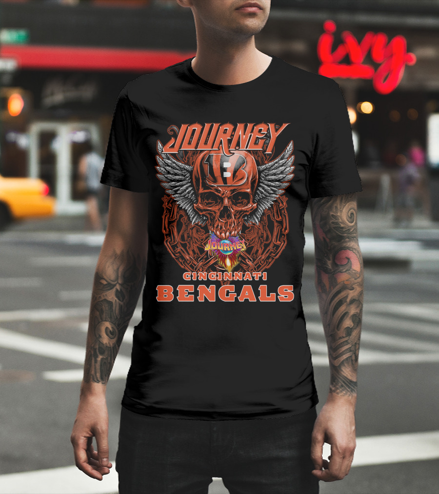 JOURNEY CINCINNATI BENGALS Skull Helmet Wings Chains Flame T-Shirt