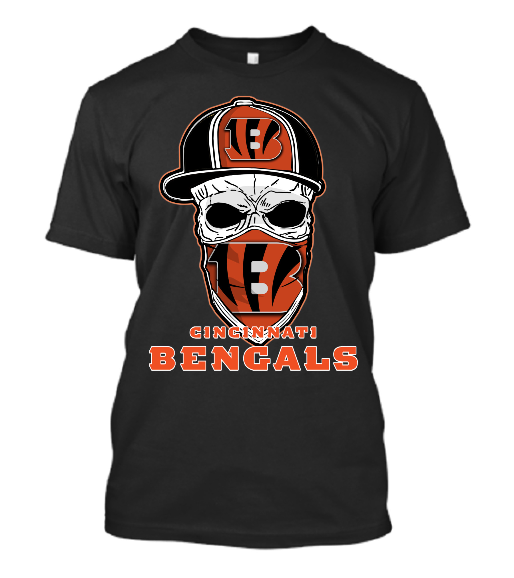 CINCINNATI BENGALS Skull Wearing Logo Hat And Bandana T-Shirt