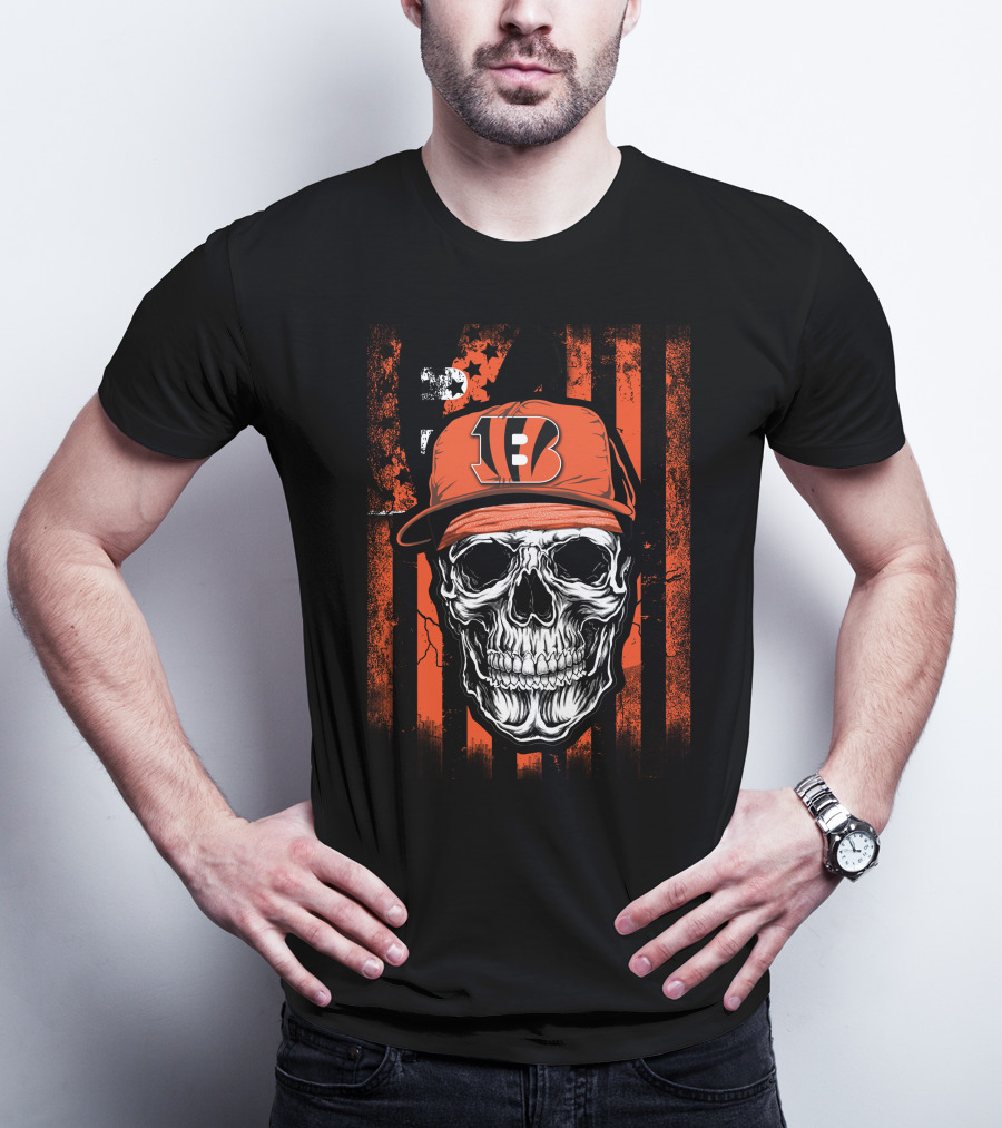 Skull Cincinnati Bengals Logo Hat With Stripes Background T-Shirt