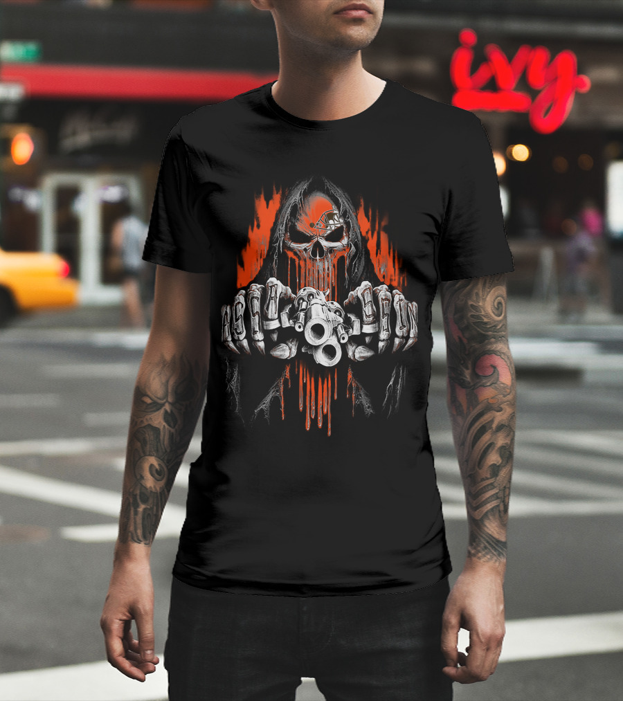 Cleveland Browns 52 Skull Grinning Reaper With Cleveland Helmet And Orange Flames T-Shirt