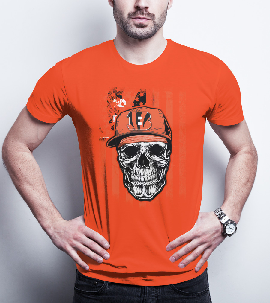 Skull V1 Cincinnati Bengals Hat American Flag Stripes T-Shirt