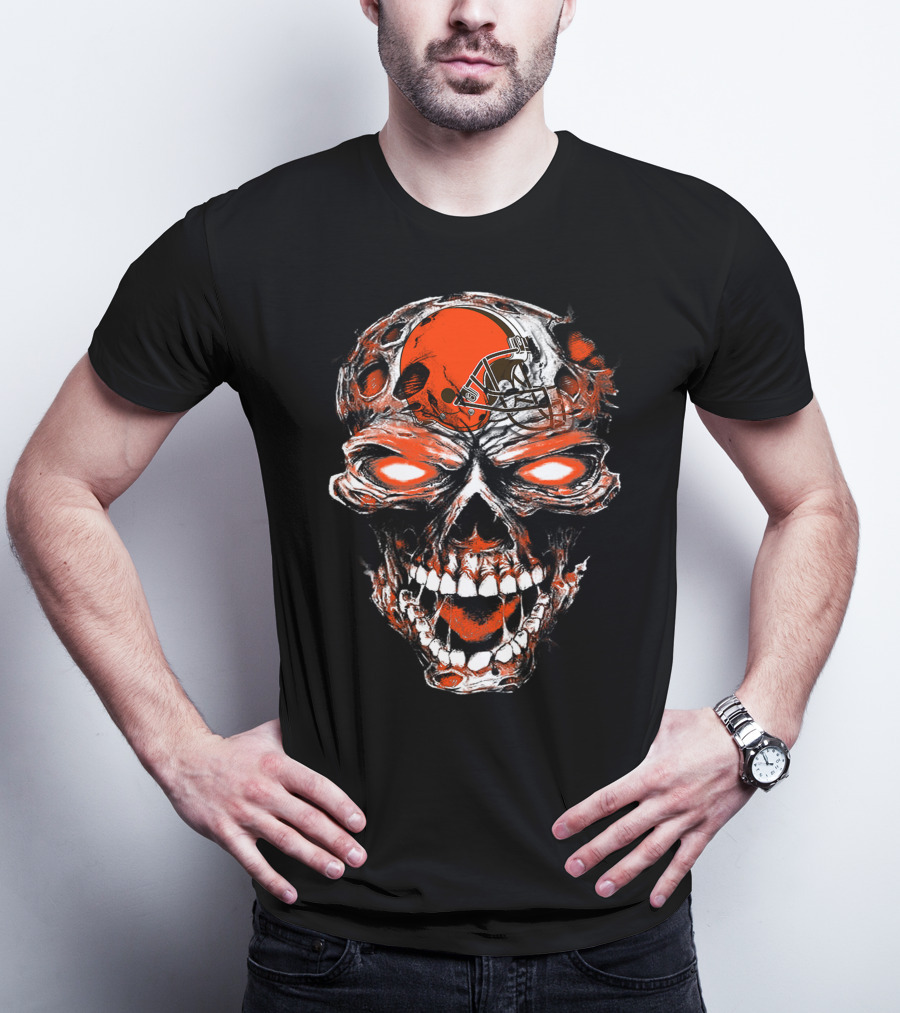 Cleveland Browns Skull Design 43 Orange Helmet Football Fan T-Shirt