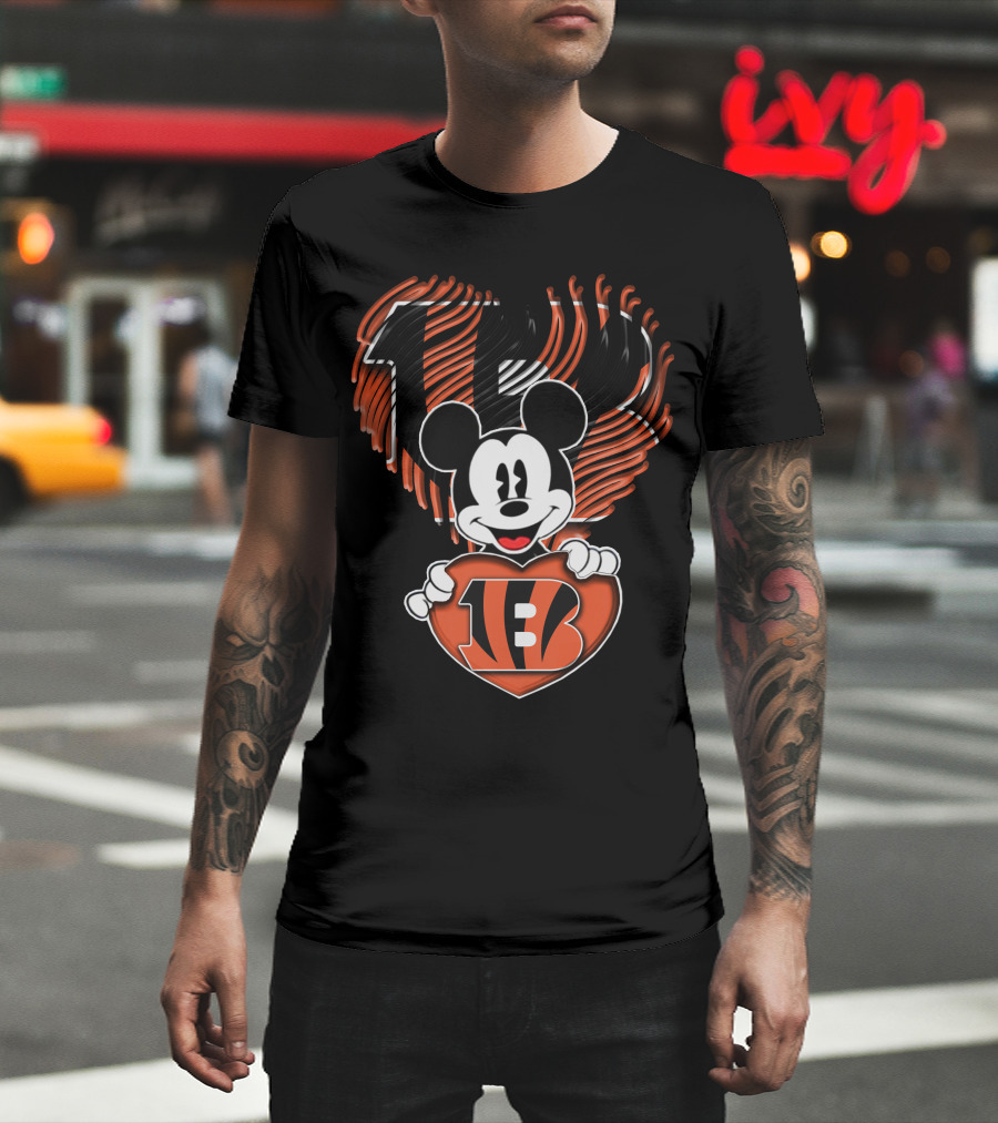 Mickey Mouse Cincinnati Bengals Heart Logo Remix T-Shirt