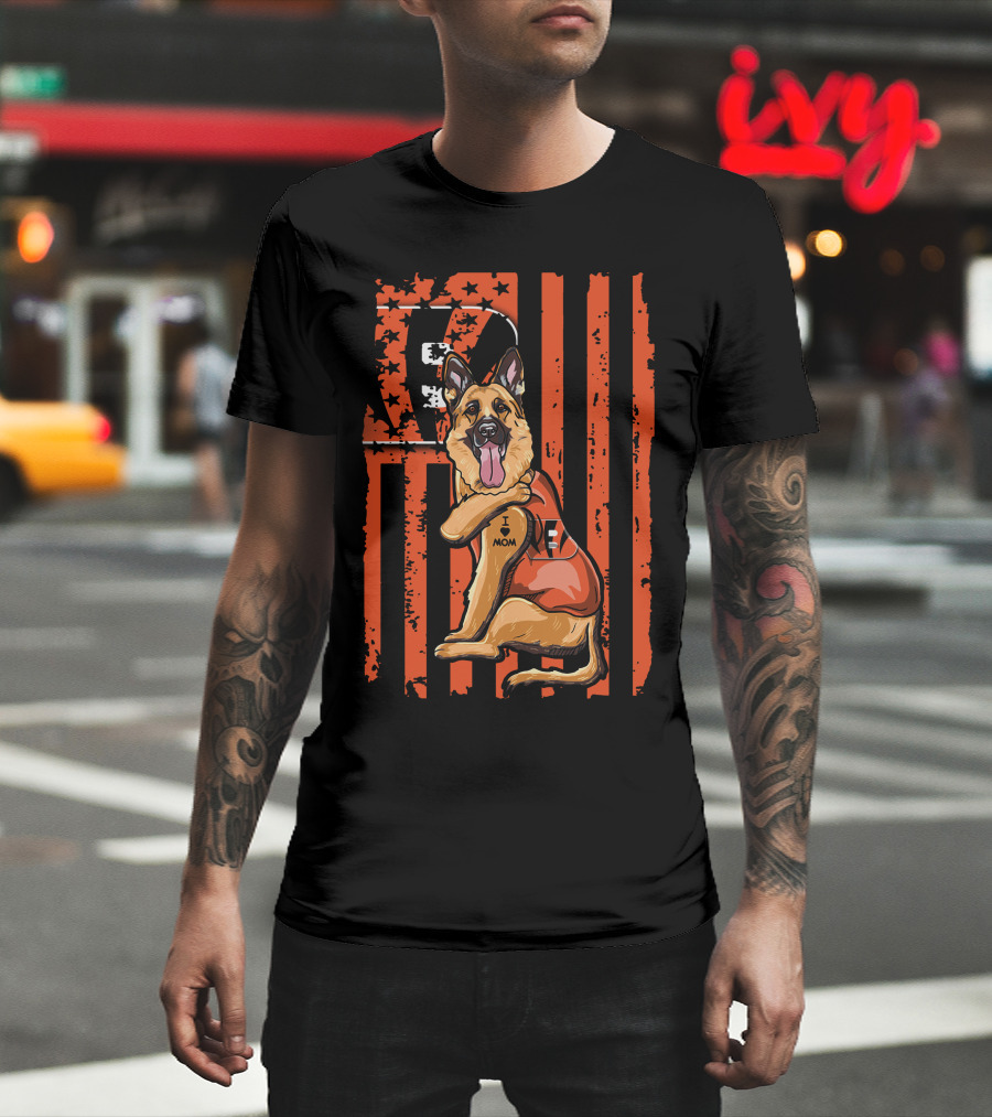 German Shepherd I Love Mom Cincinnati Bengals American Flag T-Shirt