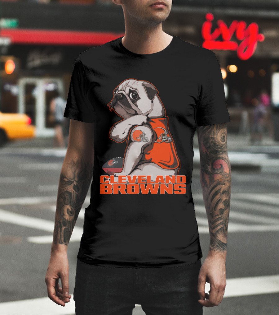 Cleveland Browns Pug In Orange Jersey With Football And Helmet T-Shirt