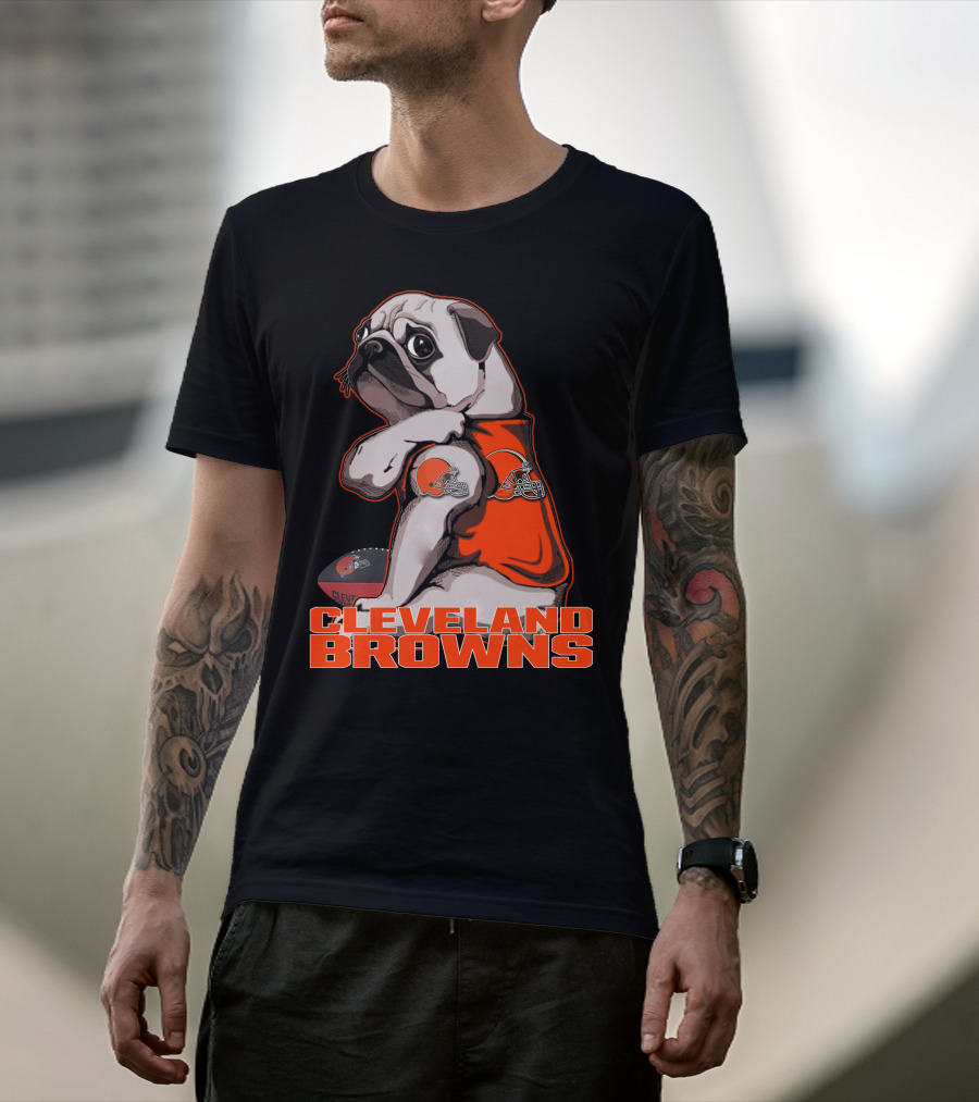 Cleveland Browns Pug In Orange Jersey With Football And Helmet T-Shirt