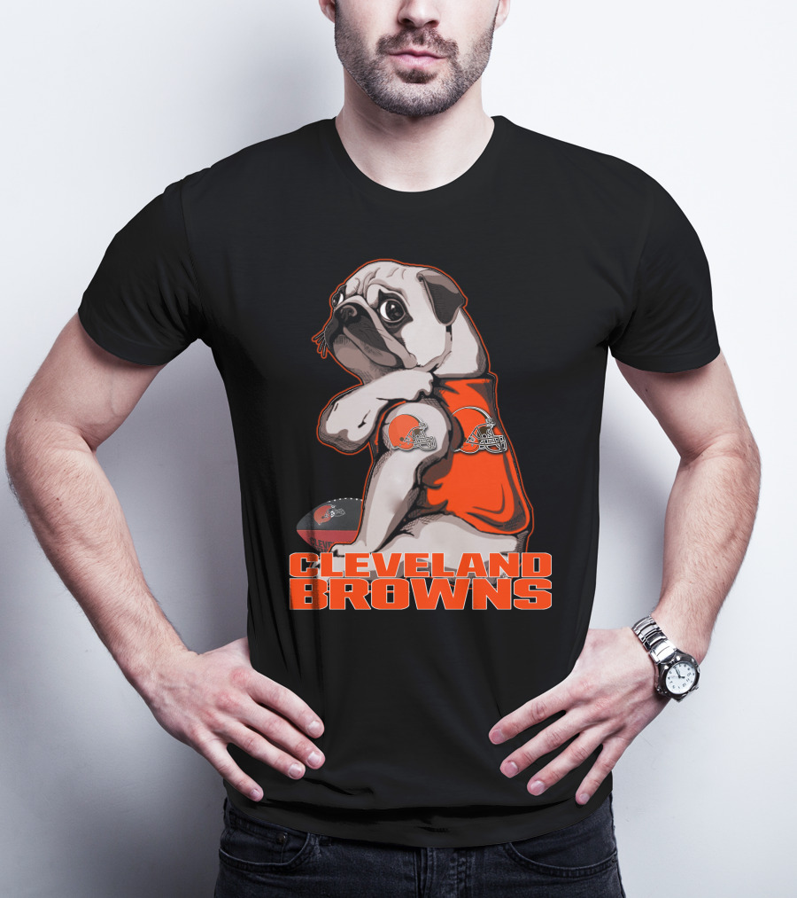 Cleveland Browns Pug In Orange Jersey With Football And Helmet T-Shirt