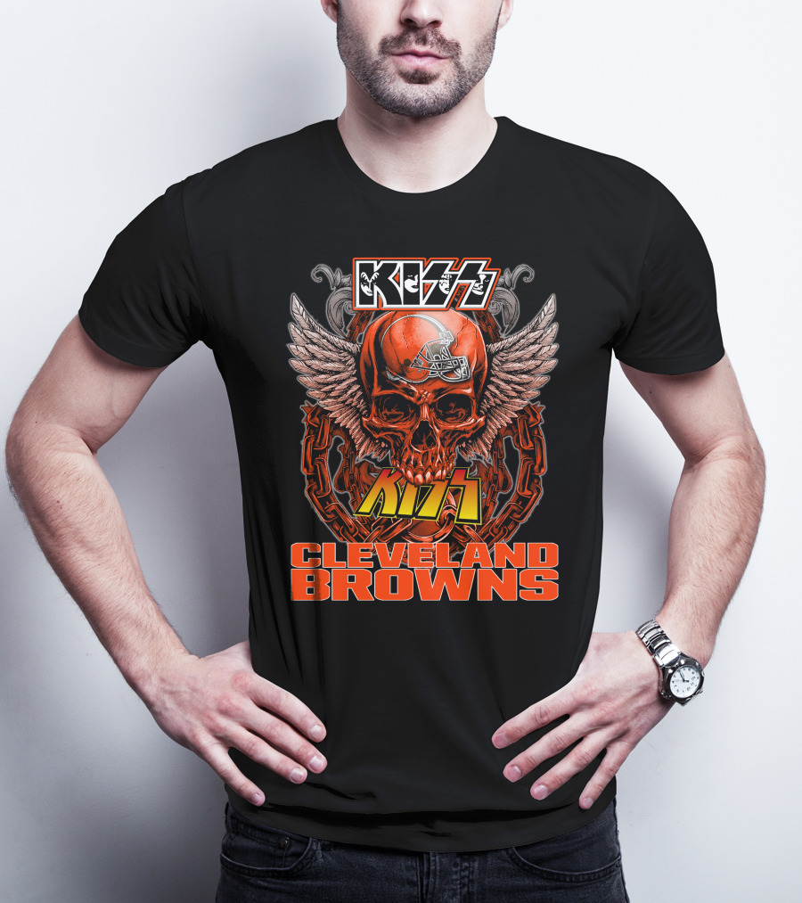 Kiss Cleveland Browns Skull Helmet Wings Chains T-Shirt