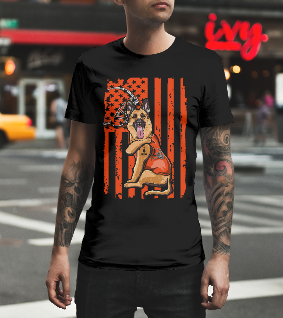 Cleveland Browns German Shepherd Dog And Football Helmet With Orange Flag Background T-Shirt