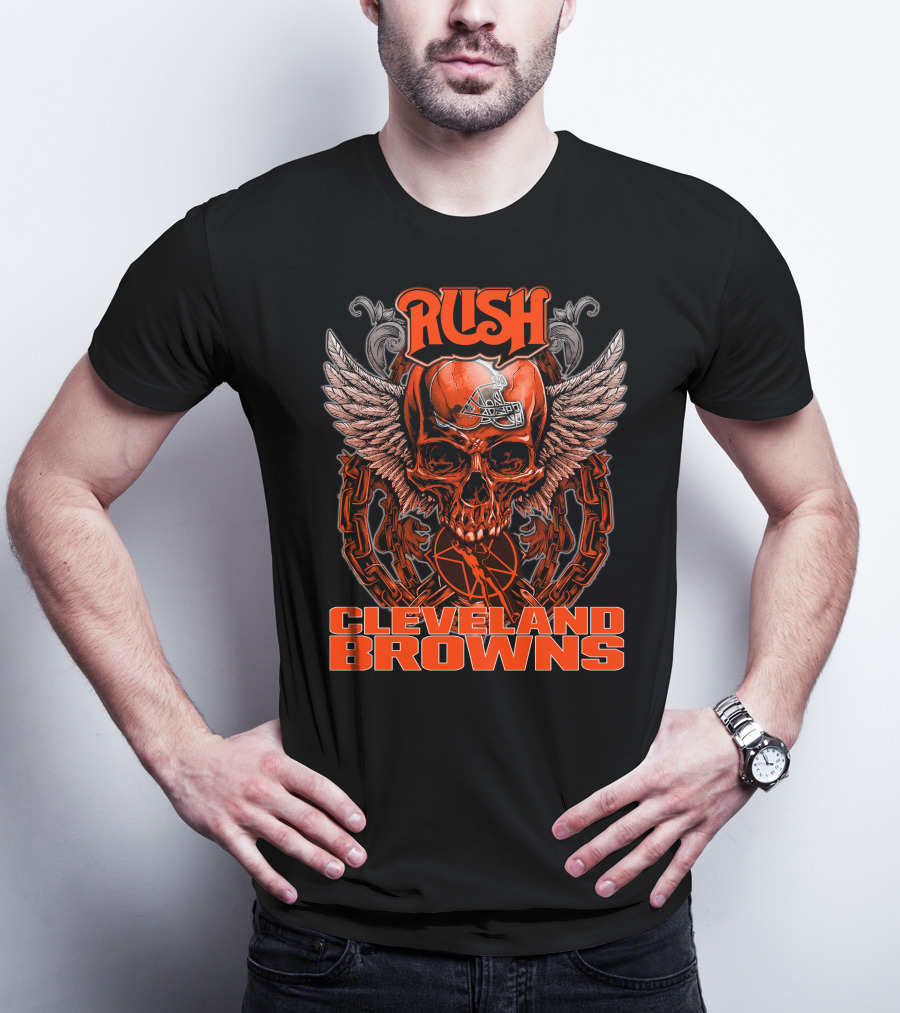 RUSH Cleveland Browns Skull Helmet Wings Chain T-Shirt