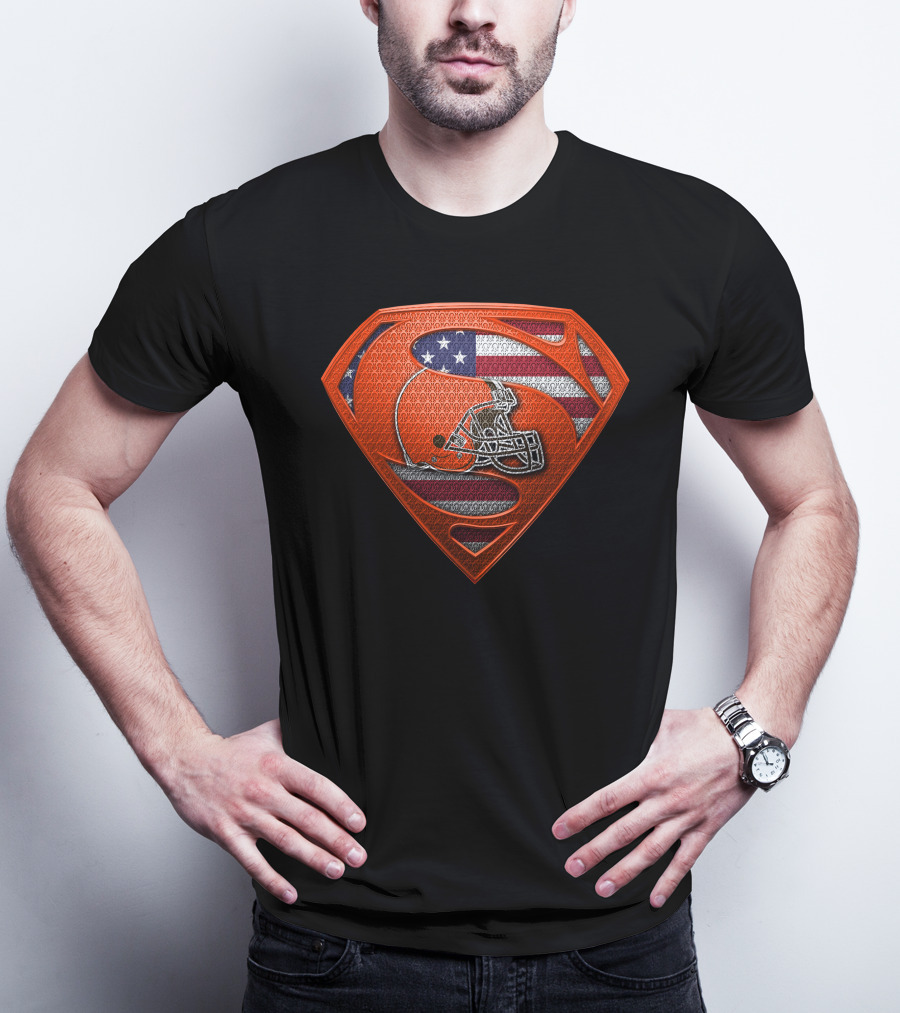 Spm Cleveland Browns Superhero Logo USA Flag Football Helmet T-Shirt